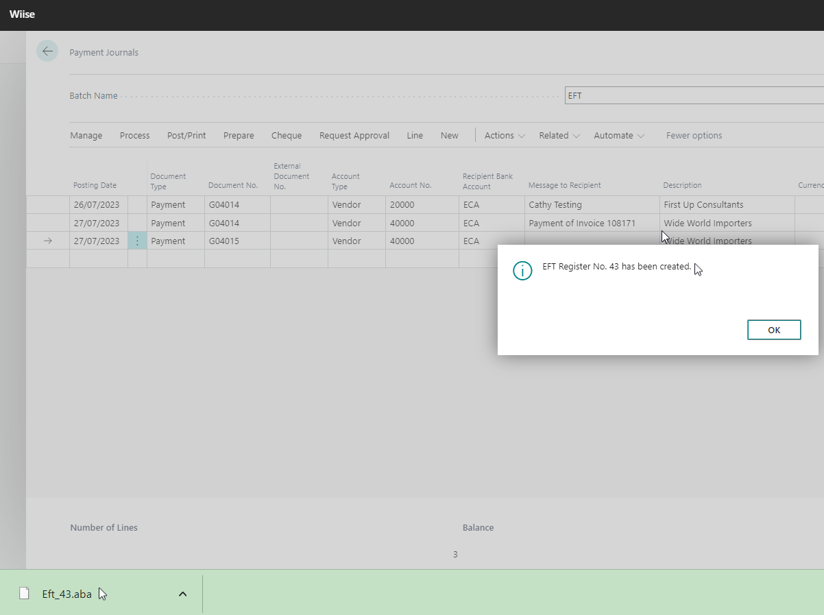 Use a payment journal to create EFT payments